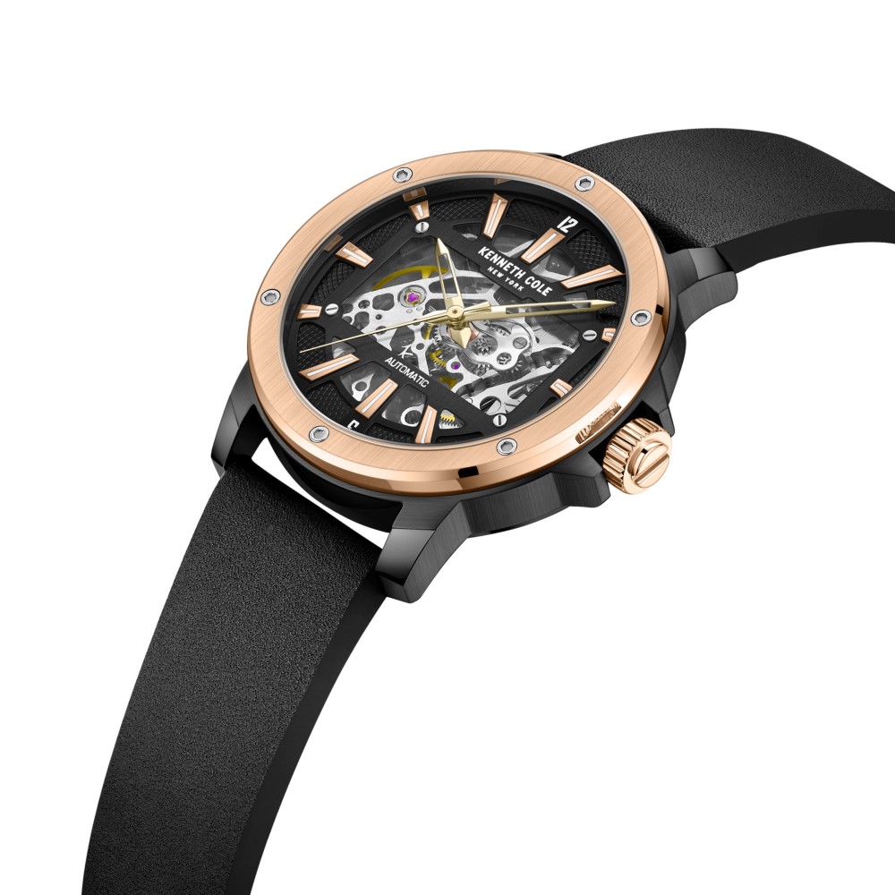 Kenneth cole automatic watch skeleton black leather 43mm